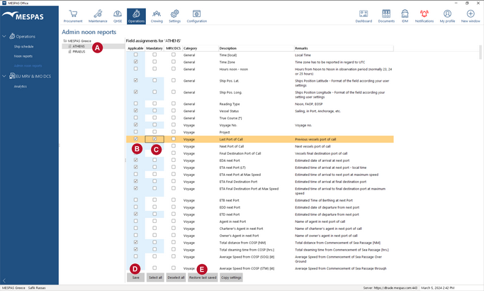 Manage noon report fields